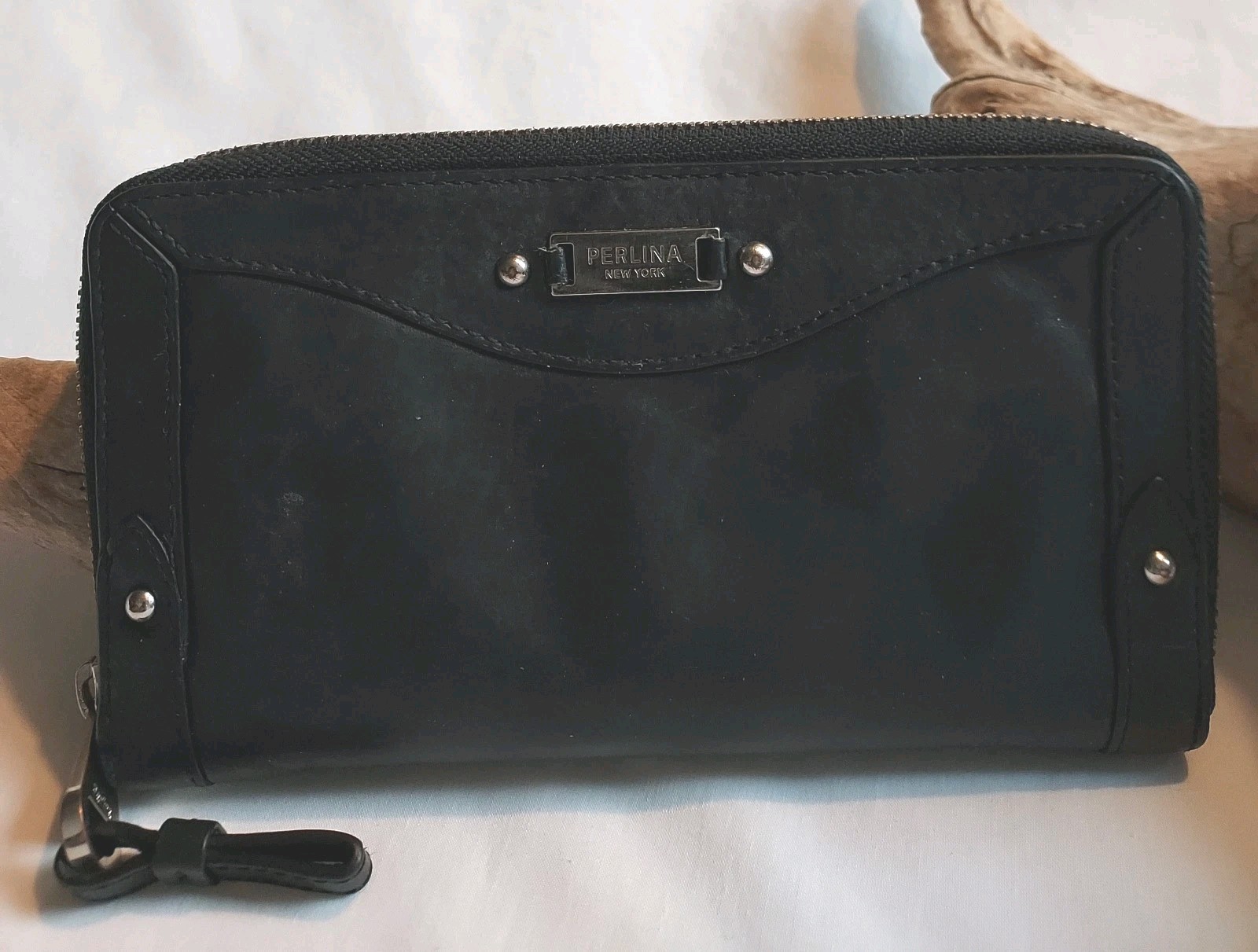 Perlina New York Black Leather Silver Studs Large Zip Around Clutch ...