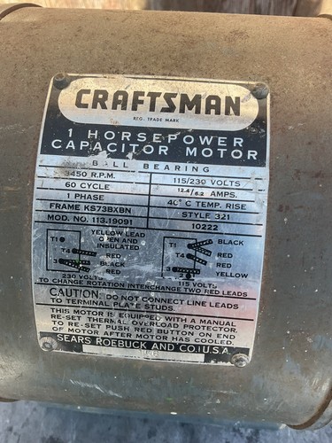 Vintage Craftsman 10 inch Table saw Motor 113.19091 | eBay