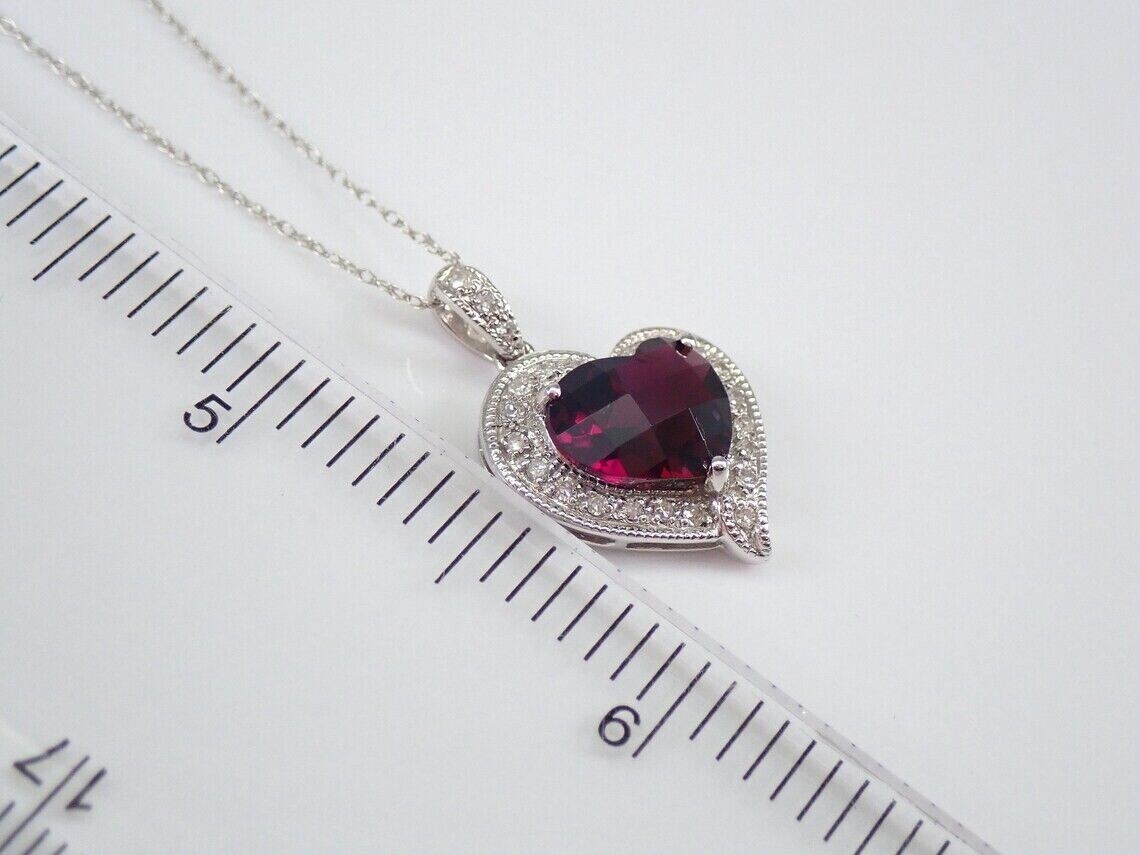 Heart Cut Lab-Created Red Garnet Heart Pendant 18" Chain 14K White Gold ...