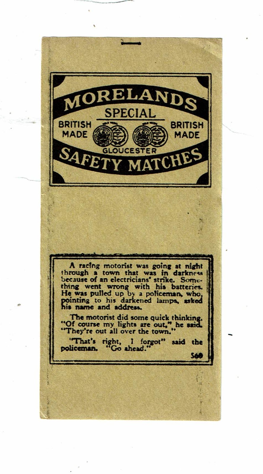 1 Old S.J.Moreland 1900s matchbox label Special British Made A racing ...