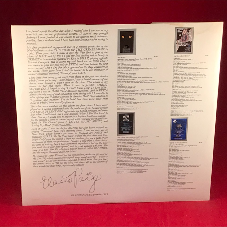 ELAINE PAIGE Stages 1983 UK vinyl LP INNER Don't Cry For Me Argentina ...