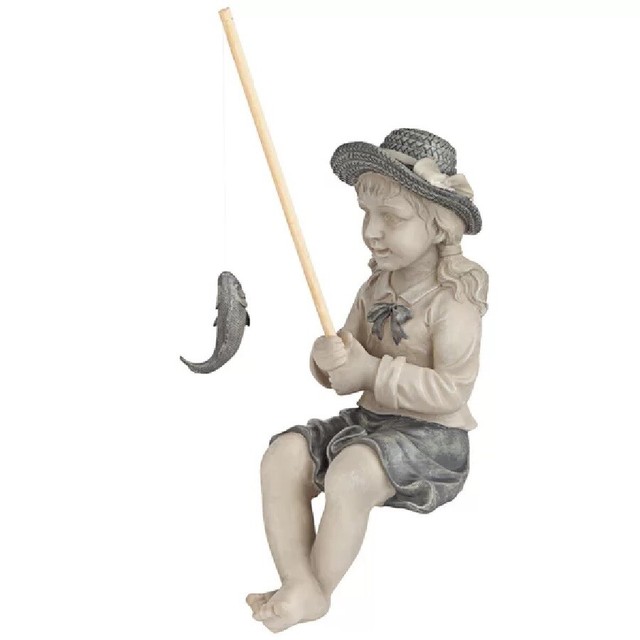 Garden Statue Girl Fishing Medium Size Art Sculpture Young Figurine ...