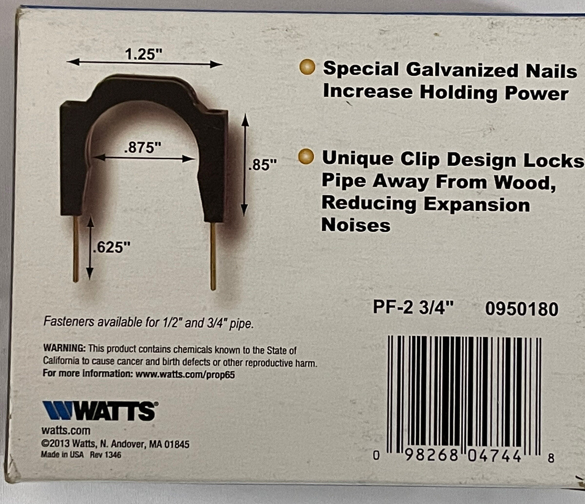 PIPEFAST WATTS PF2 FASTENERS FOR 3/4" COPPER CPVC PEX PF-1 PIPE FAST ...