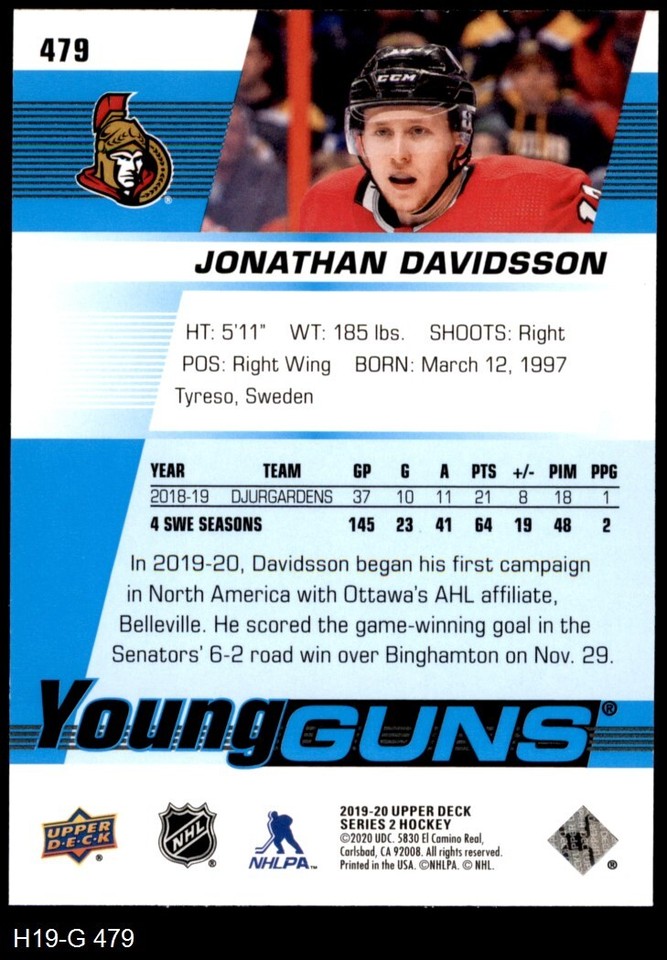 2019 Upper Deck #479 Jonathan Davidsson Young Guns Senators RC 8 - NM ...