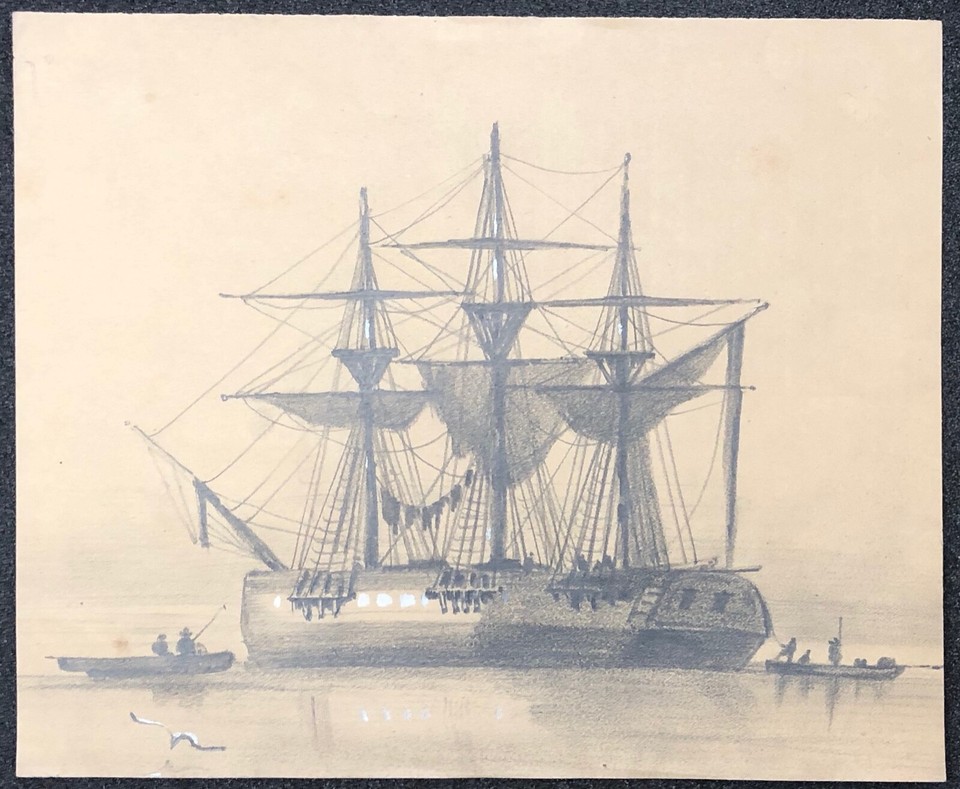 Frigate Three-Masted Square at Anchor Drawing 19th Anonymous Marine ...