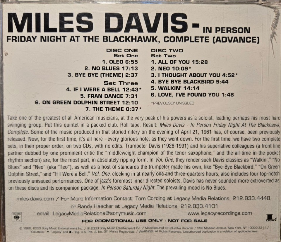 Miles Davis : In Person Friday Night at Blackhawk 2 Disc Set - Audio CD ...