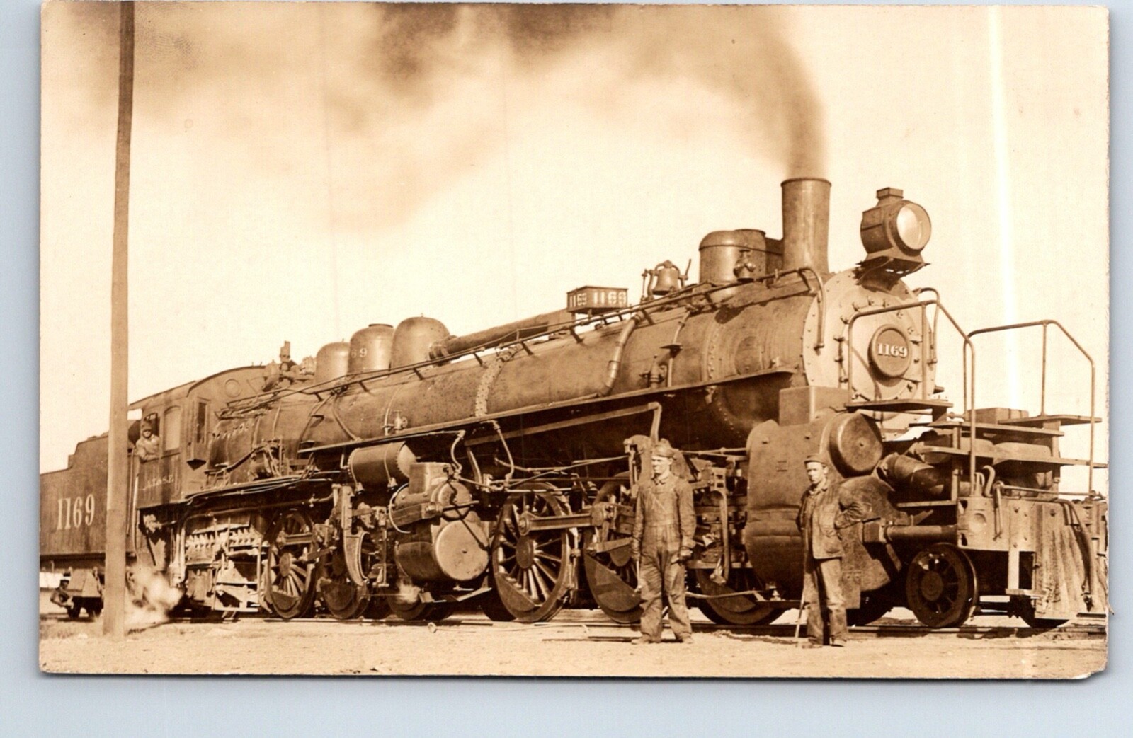 Real Photo Postcard AT&SF Railroad Locomotive 1169 Crew Posing wheel 2 ...