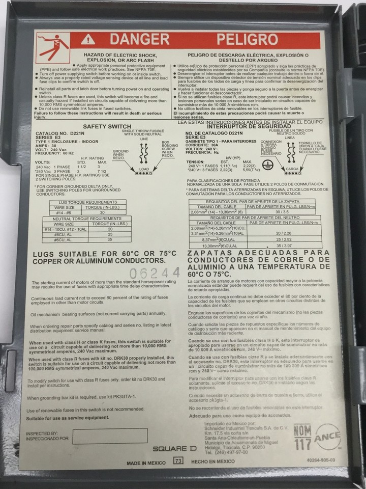 Square D D221N General Duty Fused Safety Switch Disconnect, 240VAC 60Hz ...