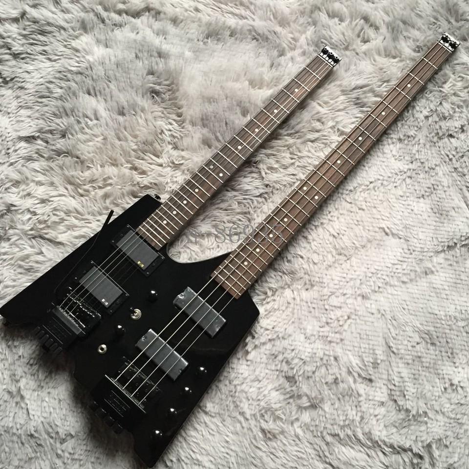 headless Double Neck Black Electric Guitar&Bass Rosewood Fretboard Dot ...