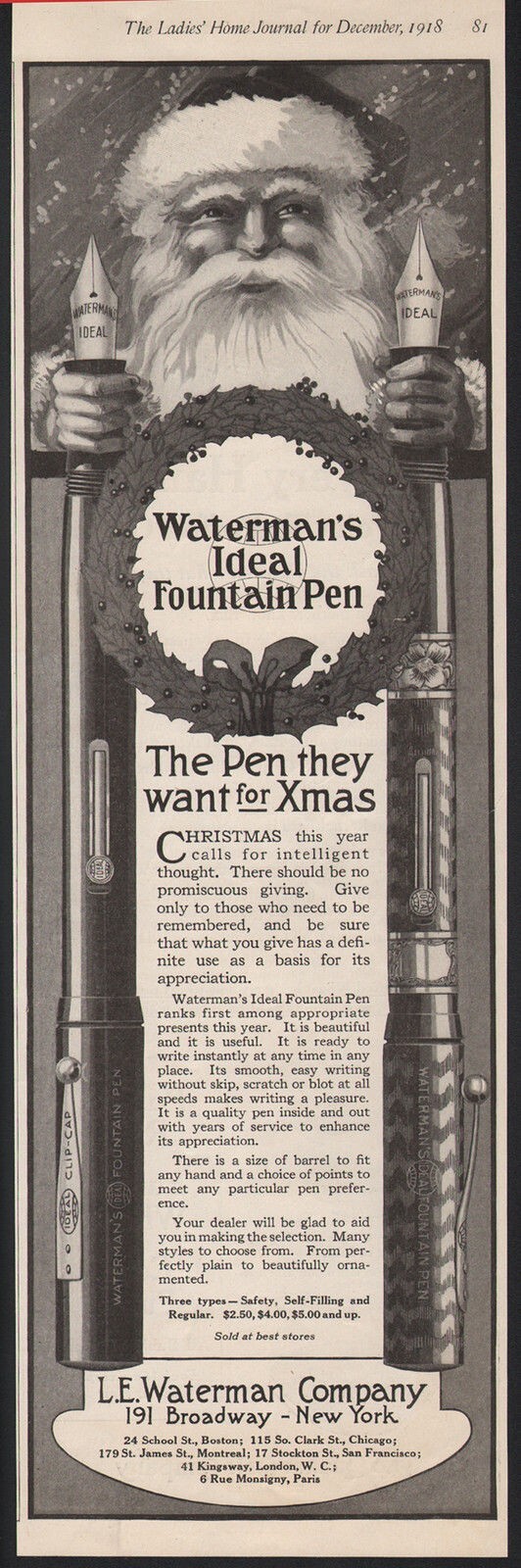 1918 L.E WATERMAN FOUNTAIN PEN CHRISTMAS SANTA HOLIDAY INK SAINT NICK ...