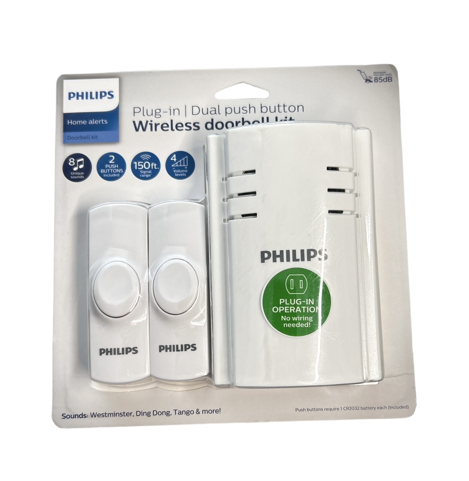NEW Philips Plug-in 8-Melody Doorbell Kit 7.3in White 2-Push Buttons ...