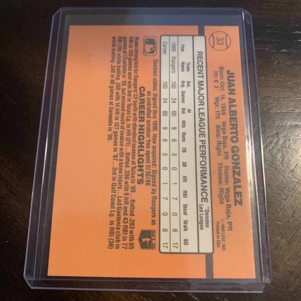1990 Donruss JUAN GONZALEZ Baseball Reverse Negative Error Rookie Card ...