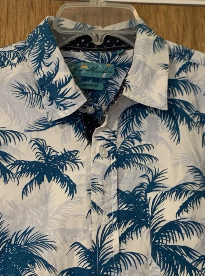 Joe Marlin Hawaiian Shirt Men L White Blue Palm Trees Button Up Short ...