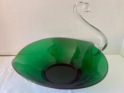 Viking New Martinsville Glass Large Forest Green Swan Console Bowl | eBay
