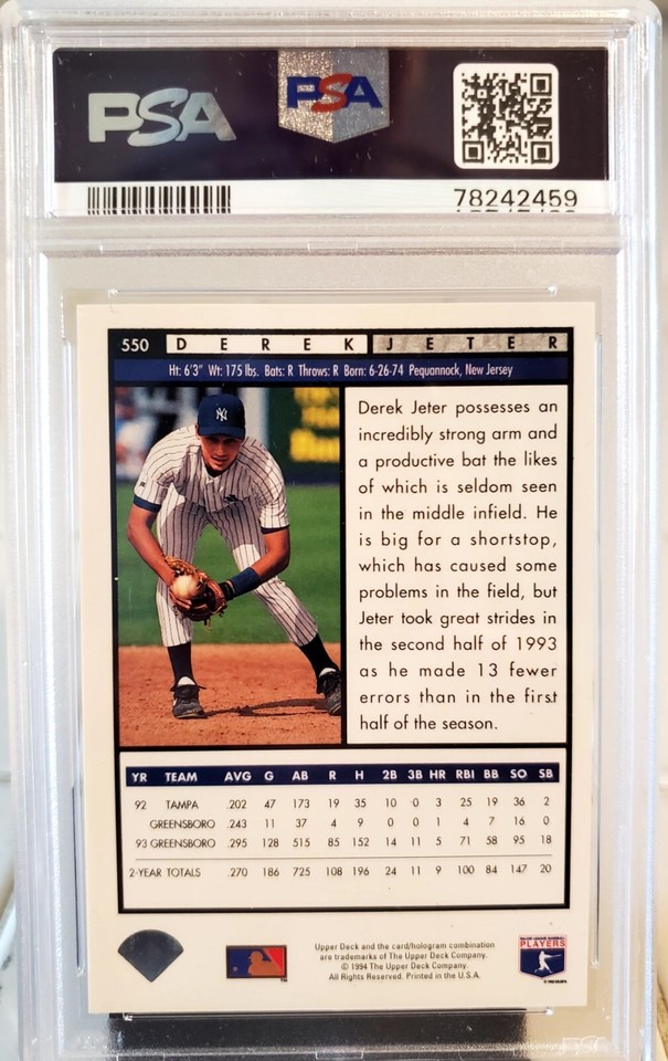 1994 Upper Deck DEREK JETER Rookie Card PSA 8 Top Prospects Silver Holo ...