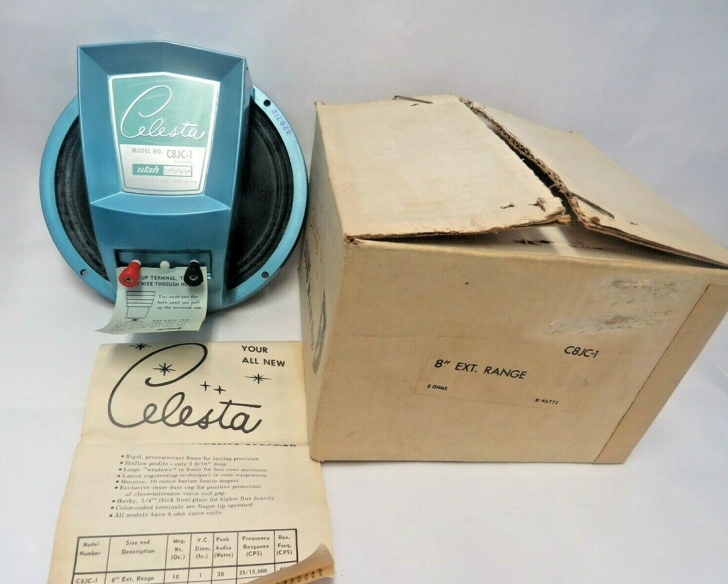 1 Utah Celesta 8" Extended Range Speakers C8JC-1 New Old Stock Original ...
