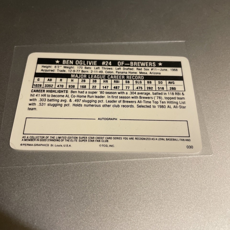 1981 Perma-Graphic Baseball Credit Card Ben Oglivie #24 (PH1) | eBay