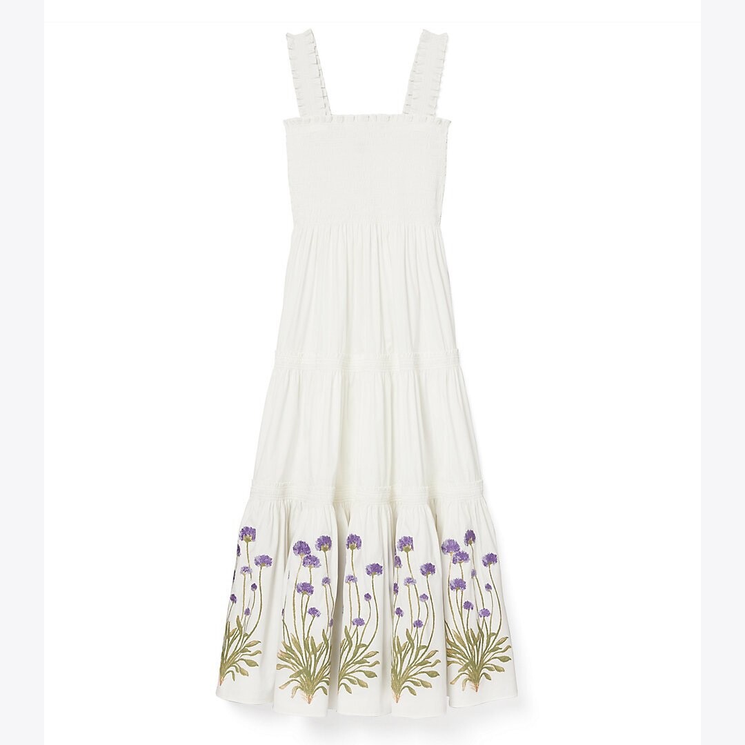Tory Burch Embroidered Smocked Midi Dress Sundress S Gem