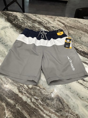 Speedo 18" Outseam Tri-Color Swim Shorts - Gray/White/Navy Blue Men's ...