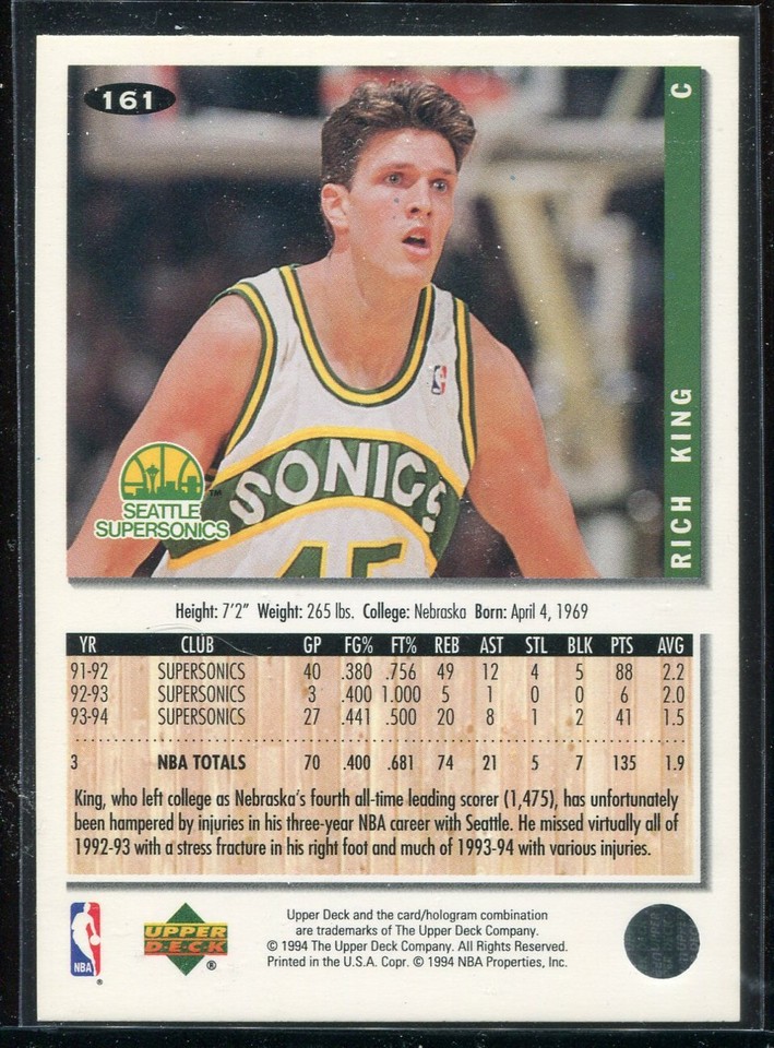 1994 UD Collector's Choice Basketball Rich King #161 Seattle ...