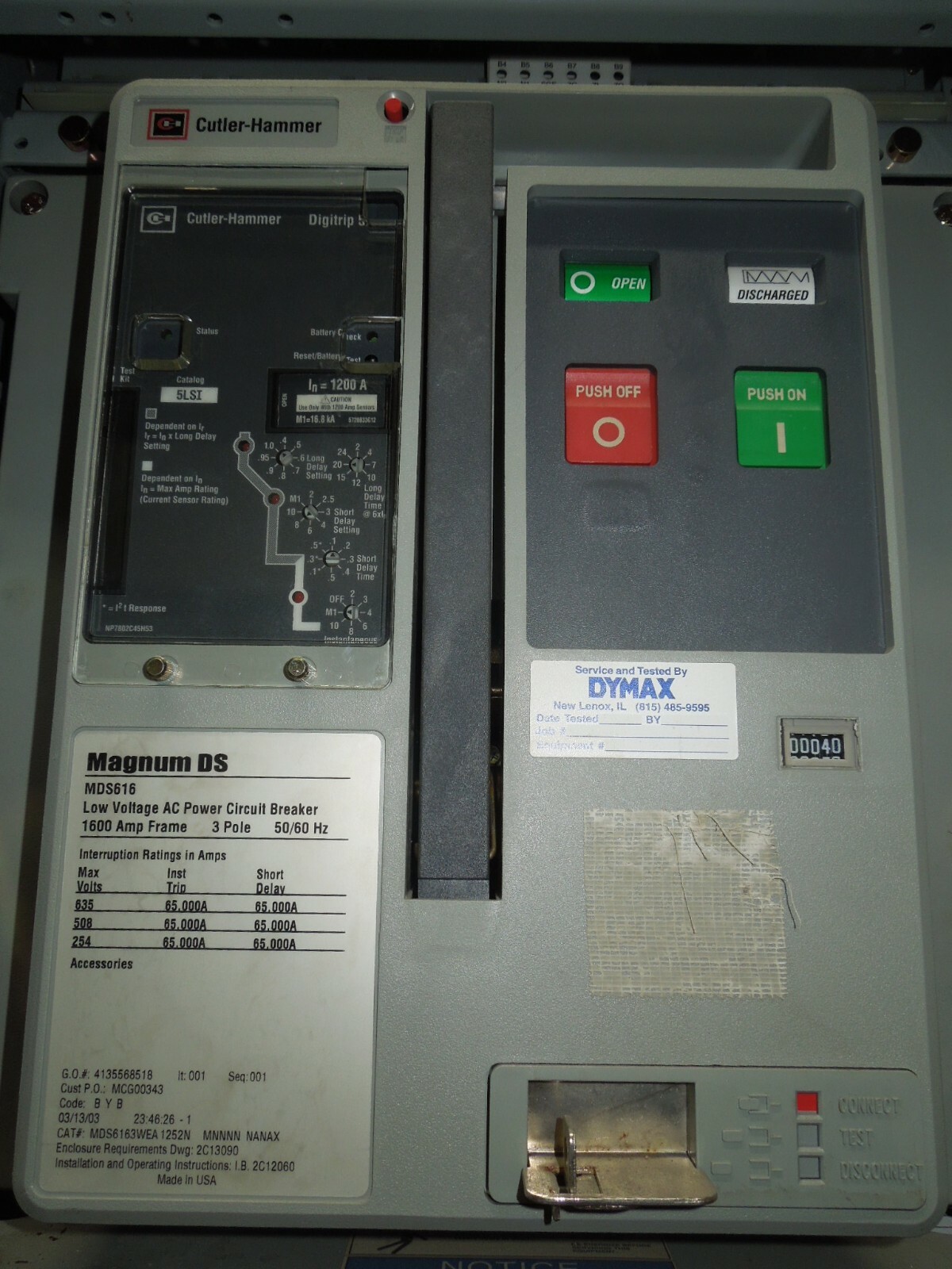 Cutler-Hammer Magnum DS MDS616 1600A Fr 1200A RP 3p 600V MO/DO Digitrip ...