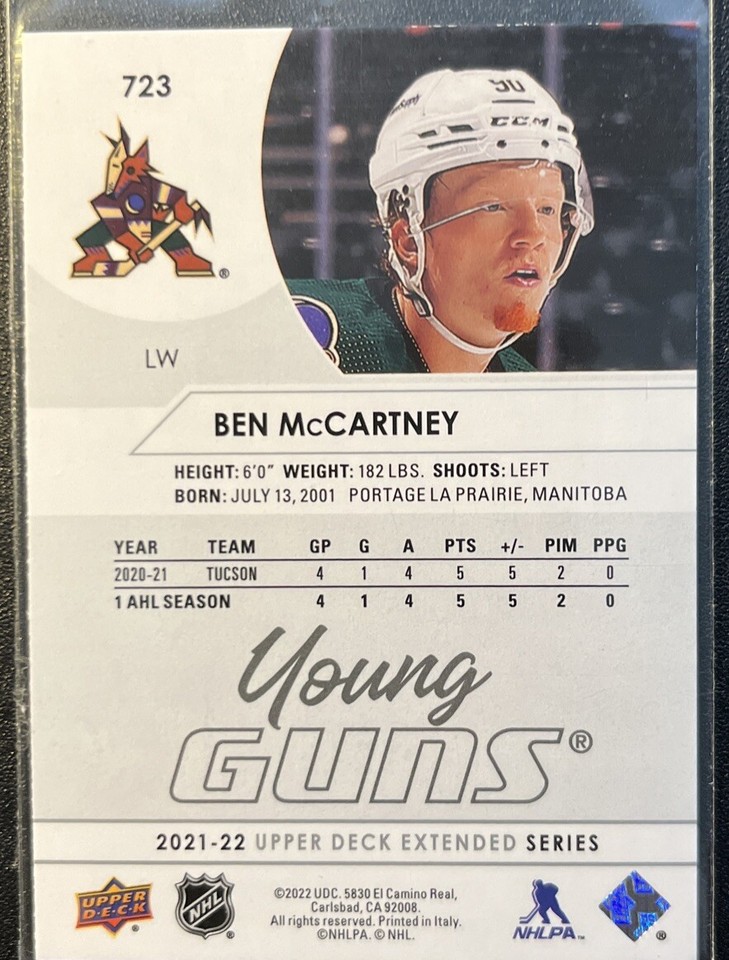 2021-22 UD Extended Series Base Young Guns #723 Ben McCartney - Arizona ...