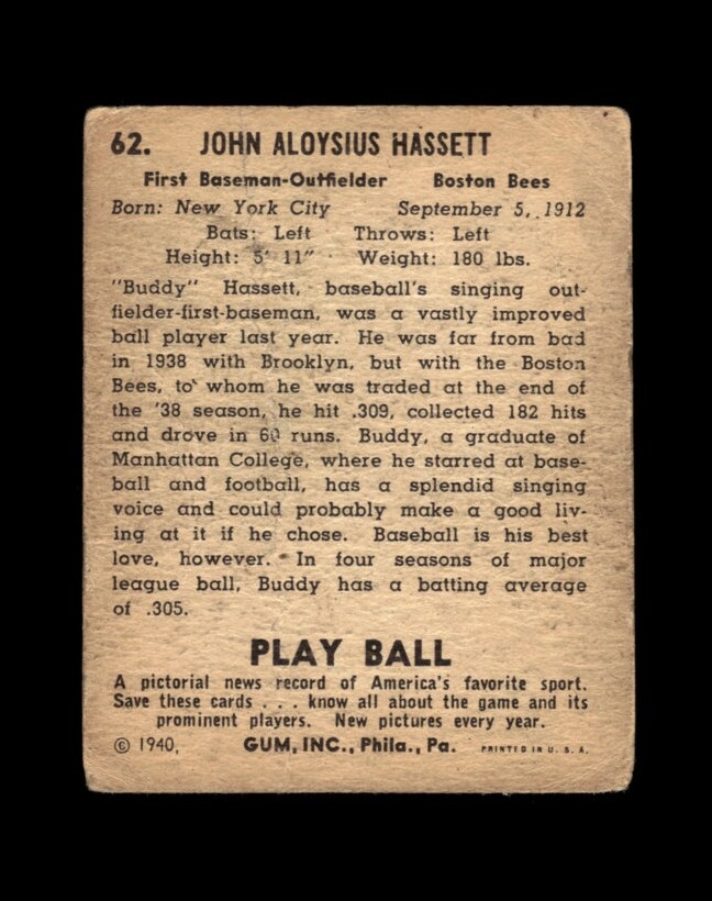 1940 Play Ball Set-Break # 62 Buddy Hassett LOW GRADE (crease) *GMCARDS ...