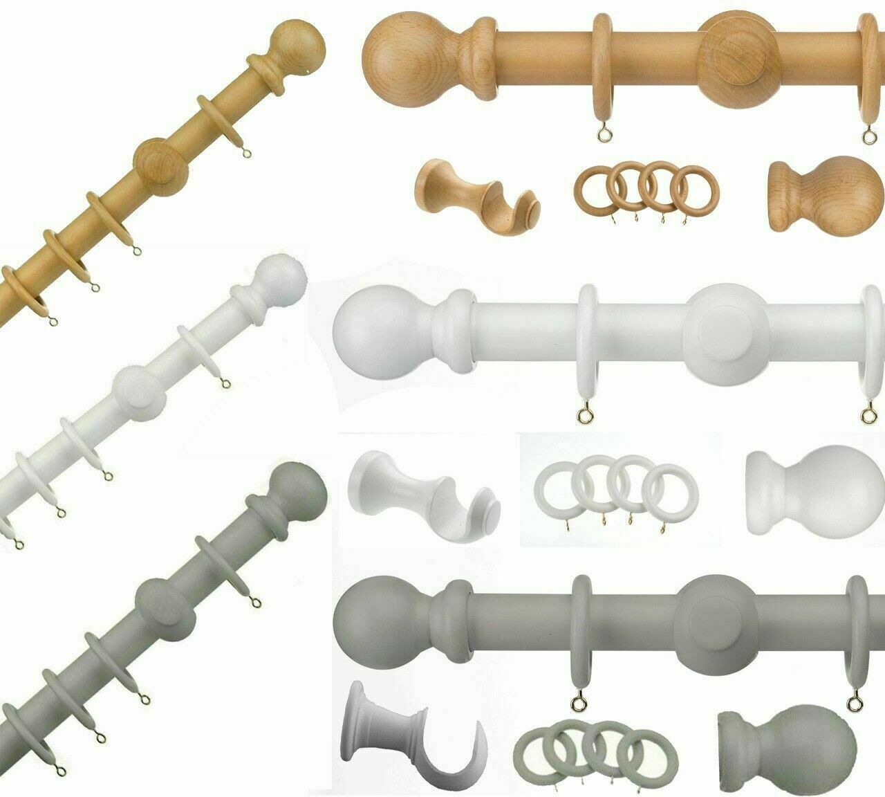 Wooden Wood Curtain Rail Pole Hook Complete Set W/Rings & Fixings Wall ...