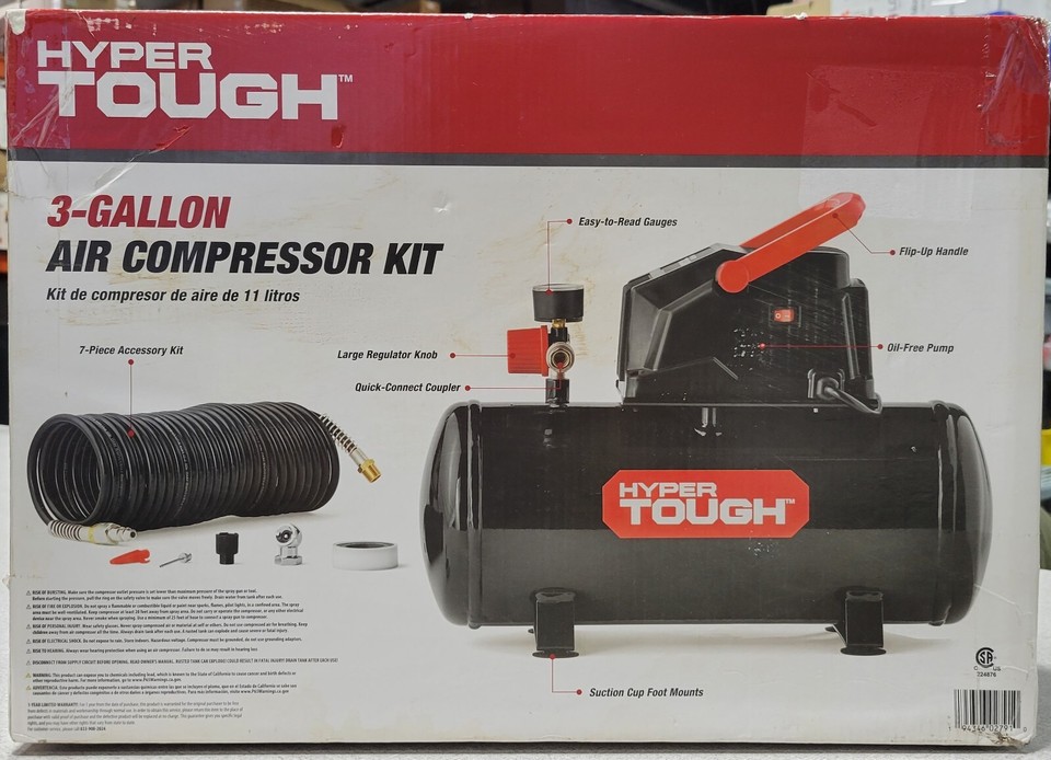 Hyper Tough 3 Gallon Oil-free Portable Air Compressor with Hose ...
