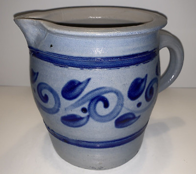 Vintage Salt Glazed Pitcher Applied Handle Pinched Spout Gray Blue ...