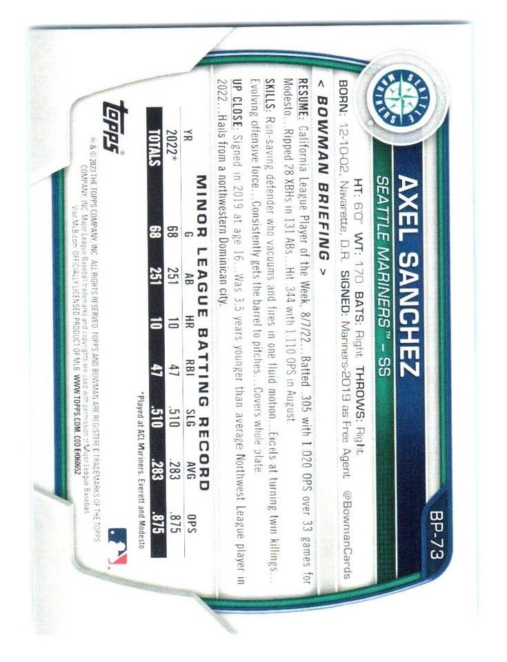 2023 Bowman Prospects 1st Axel Sanchez A Rookie Seattle Mariners #BP-73 ...