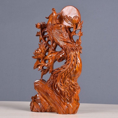 7.8" Rosewood Carved Chinese Phoenix Statue Blossoming Sculpture Feng ...