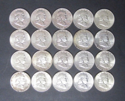 (ROLL of 20) MIXED DATE FRANKLIN SILVER HALF DOLLARS ~ BL-UNC/BU ~ FREE ...