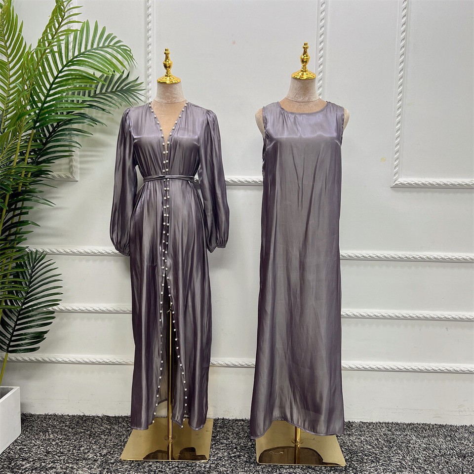 Open Cardigan Women Muslim Satin Abaya Dress Two Piece Set Modest Robe ...