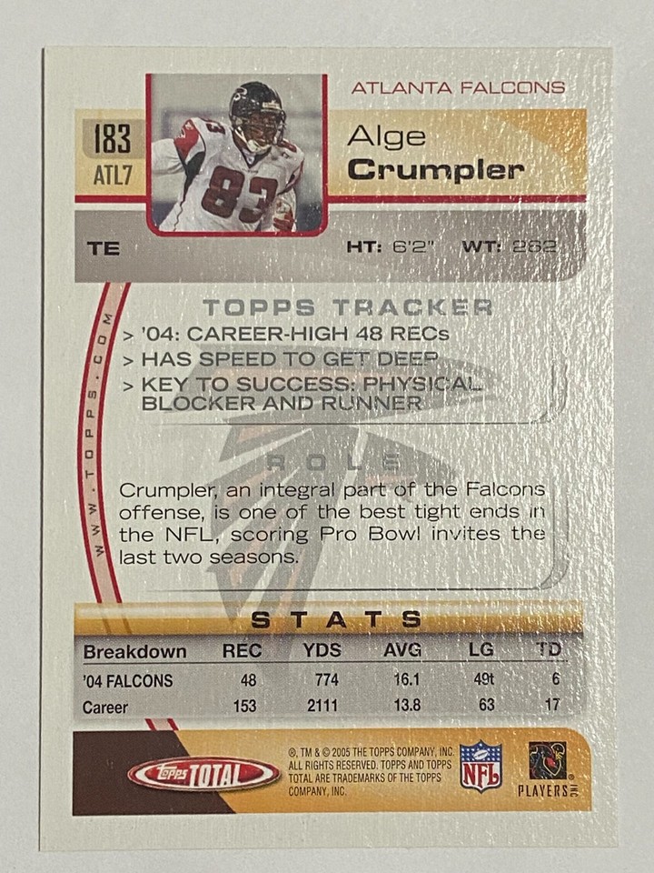 2005 Topps Total #183 Alge Crumpler Atlanta Falcons | eBay