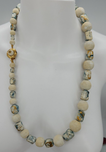 Vintage Clay Bead Chunky Blue Gold Fleck Stone Gold Tone Box Tab Clasp ...