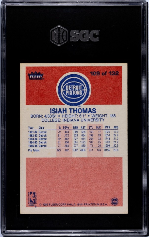 1986-1987 Fleer Isiah Thomas Rookie RC #109 Detroit Pistons HOF SGC 7.5 ...