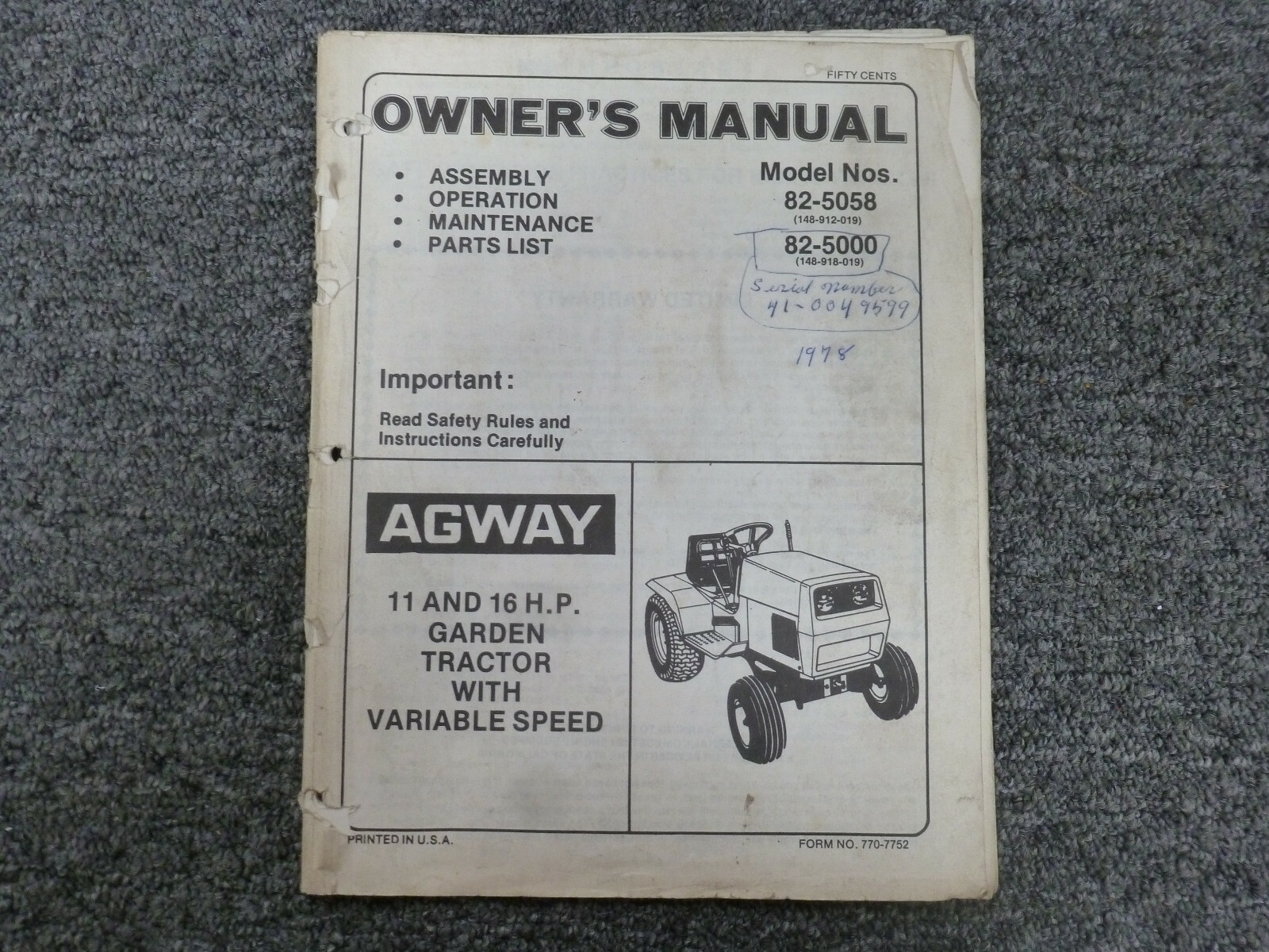 Agway 82-5058 82-5000 11&16 HP Garden Tractor Owner Operator Manual xz ...