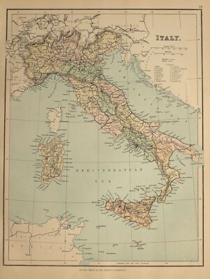 c1910 MAP ITALY SARDINIA SICILY ROMA TUSCANY EMILIA UMBRIA PIEDMONT ...