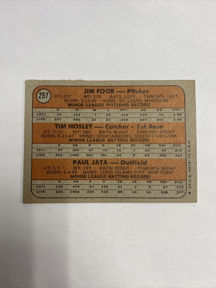 1972 Topps Baseball Tigers Rookie Stars Jim Foor/Tim Hosley/Paul Jata ...
