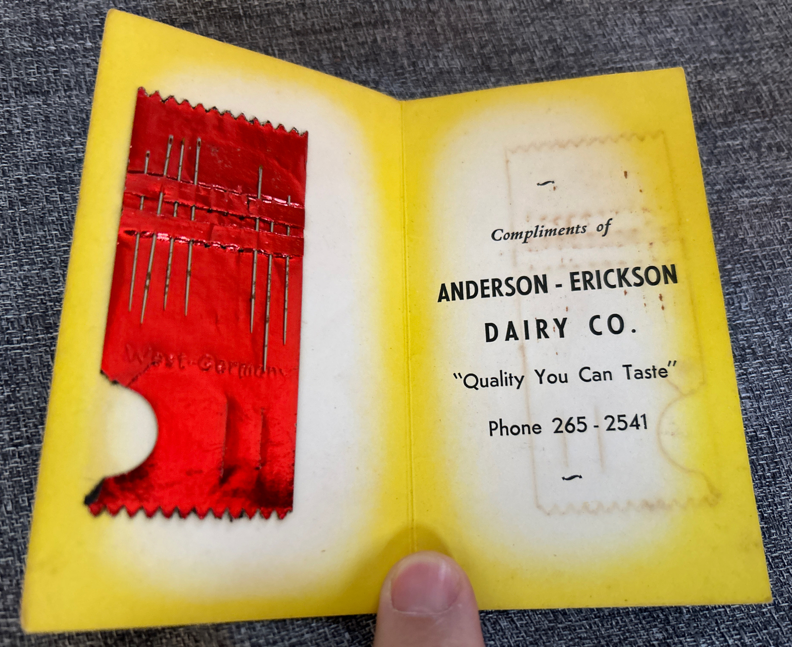Vintage Anderson Erickson Dairy Co. “Compliments Of” Sewing Kit Card ...