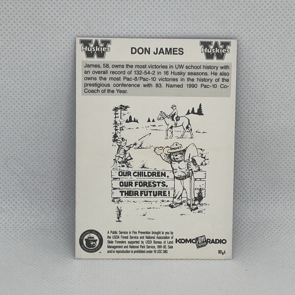 1991 DON JAMES SMOKEY BEAR KOMO AM 1000 RADIO COACH CARD UDUB ...