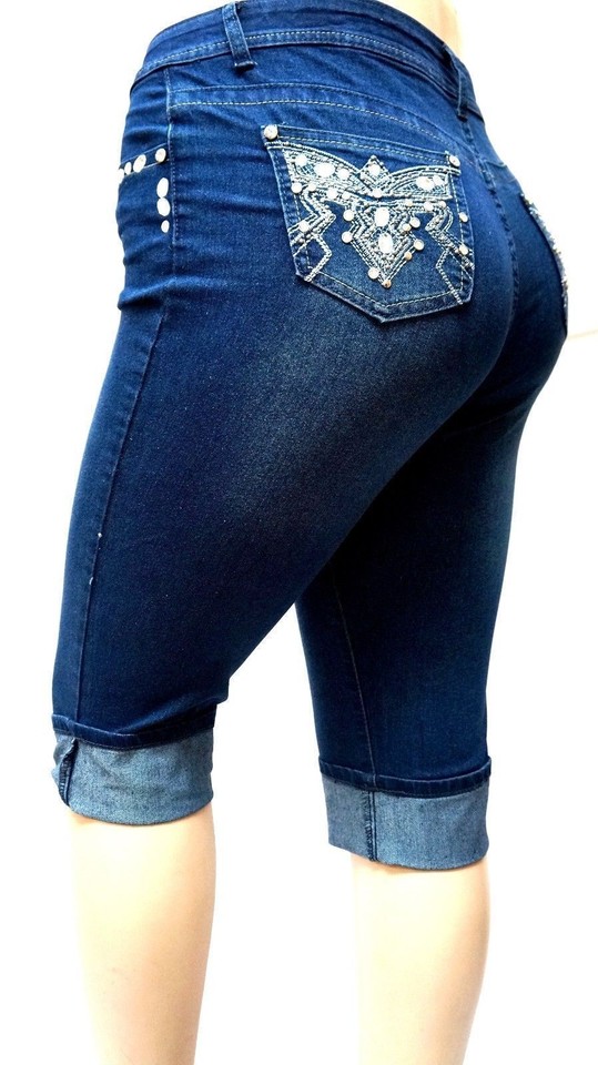 WOMEN'S PLUS SIZE Stretch BLUE denim Jeans CAPRI Distressed Ripped 14 ...