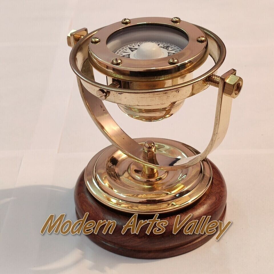 Nautical Brass Gimble Compass Wooden Base , Collectible Decorative Gift ...