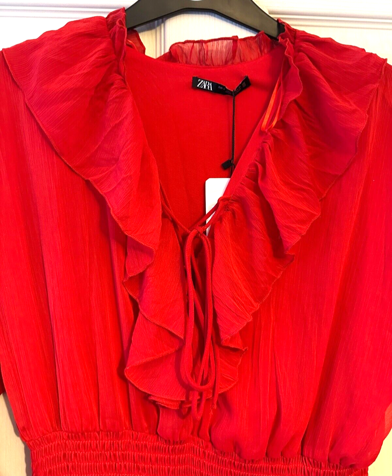 Zara Dress Red Ruffle Chiffon Size L - 14 V Neck Long Sleeve Lined BNWT ...