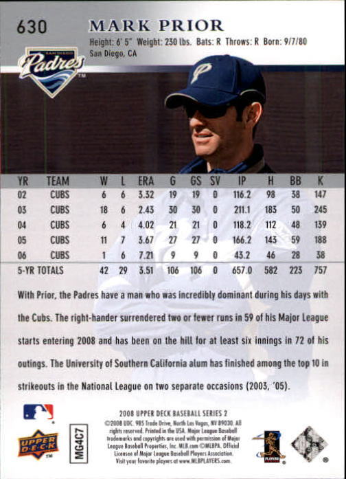 2008 Upper Deck San Diego Padres Baseball Card #630 Mark Prior | eBay