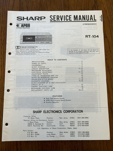 Sharp RT-104 Cassette Tape Recorder Deck Service Manual Vintage OEM ...
