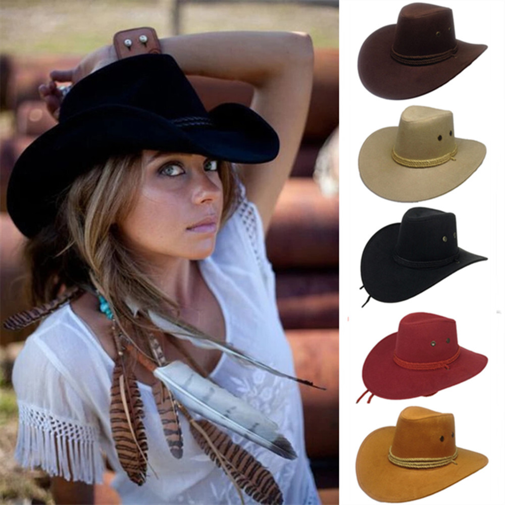 Women Men Hat Cowgirl Cowboy Wild West Hats Western Headwear Wide Brim ...