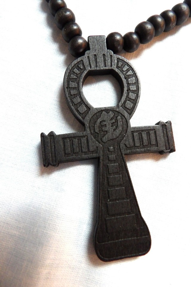 BLACK ANKH WOOD ETERNAL LIFE PENDANT ON BLACK WOODEN BEADED 30" LONG ...