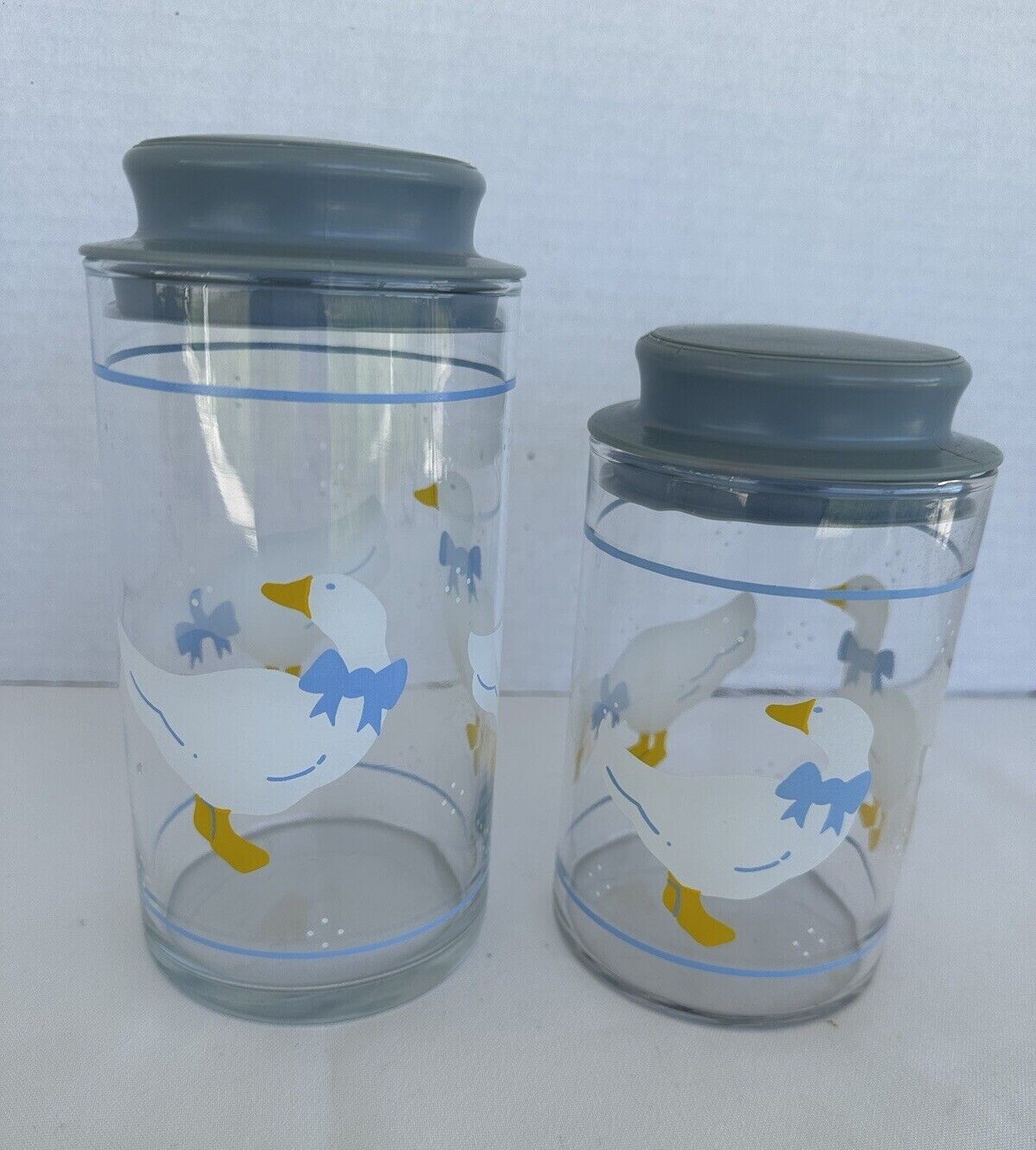 Vintage Country Goose Glass Canister Set Of 2 Blue Bow Ribbon Geese | eBay